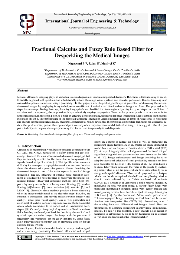 (PDF) Fractional Calculus and Fuzzy Rule Based Filter for Despeckling ...