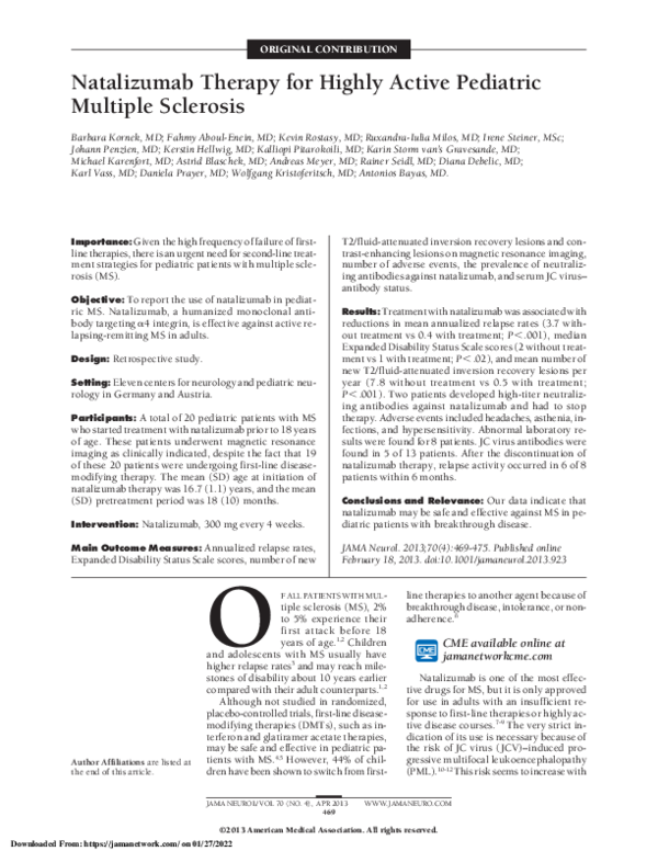 (PDF) Natalizumab Therapy for Highly Active Pediatric Multiple Sclerosis