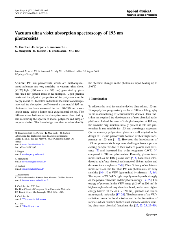 (PDF) Vacuum ultra violet absorption spectroscopy of 193 nm photoresists