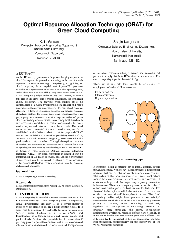 (PDF) Optimal Resource Allocation Technique (ORAT) for Green Cloud
