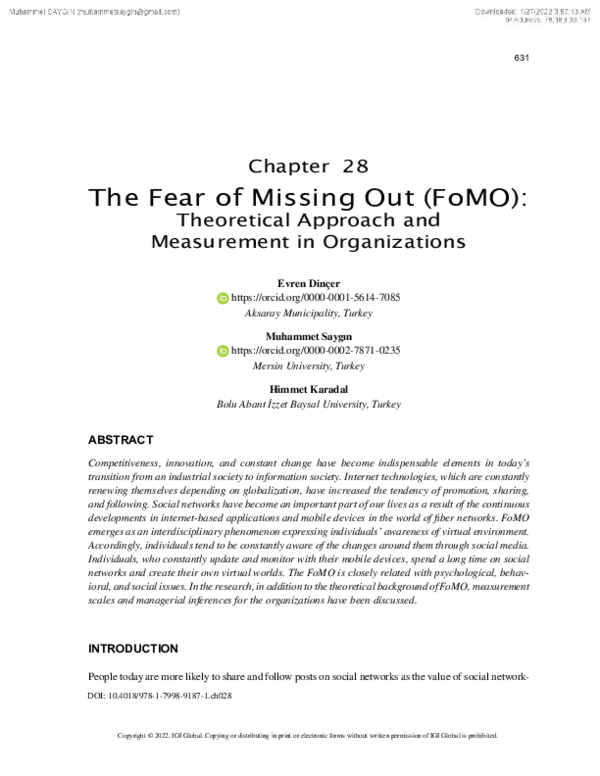 (PDF) The Fear of Missing Out (FoMO): Theoretical Approach and ...