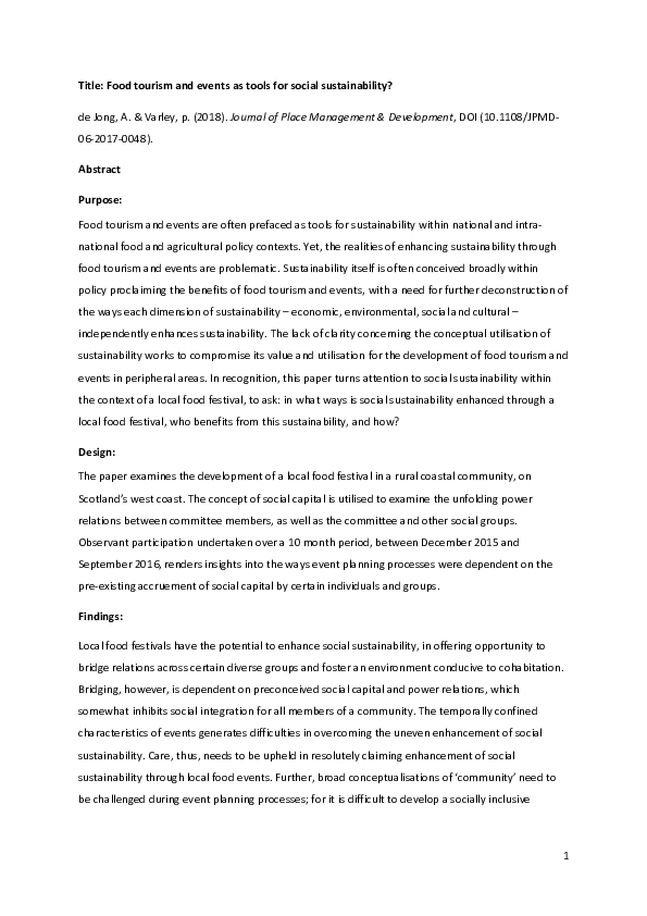 (PDF) Food tourism and events as tools for social sustainability?