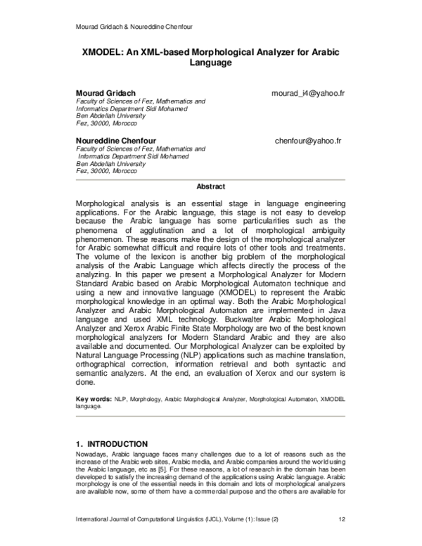 (PDF) XMODEL : An XML-based Morphological Analyzer for Arabic Language