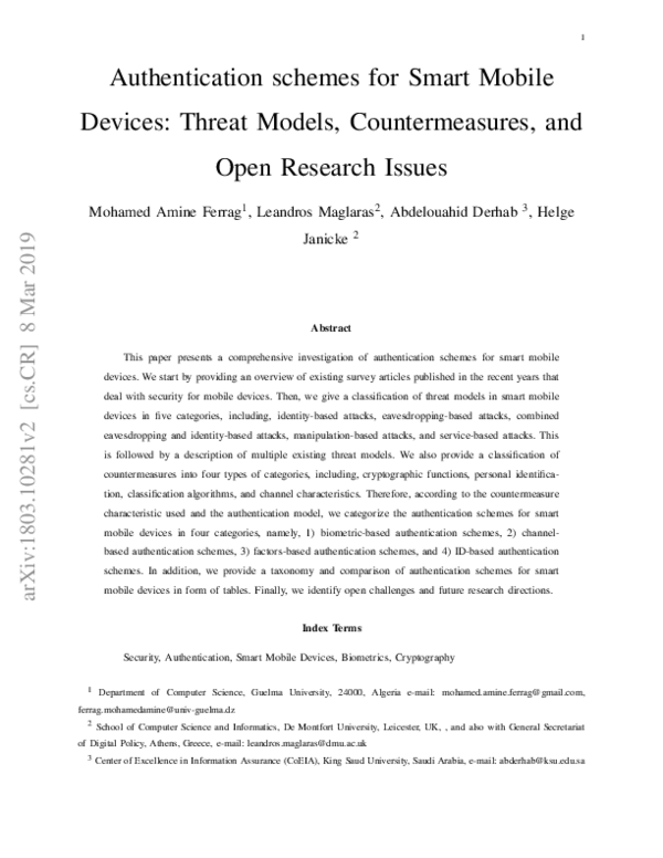 (PDF) Authentication schemes for smart mobile devices: threat models, countermeasures, and open ...