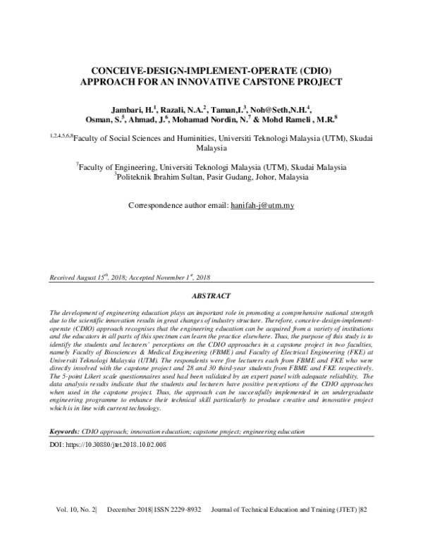 (PDF) Conceive-Design-Implement-Operate (Cdio) Approach for an Innovative Capstone Project