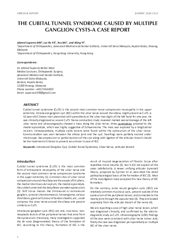 (PDF) The Cubital Tunnel Syndrome Caused by Multiple Ganglion Cysts-A ...