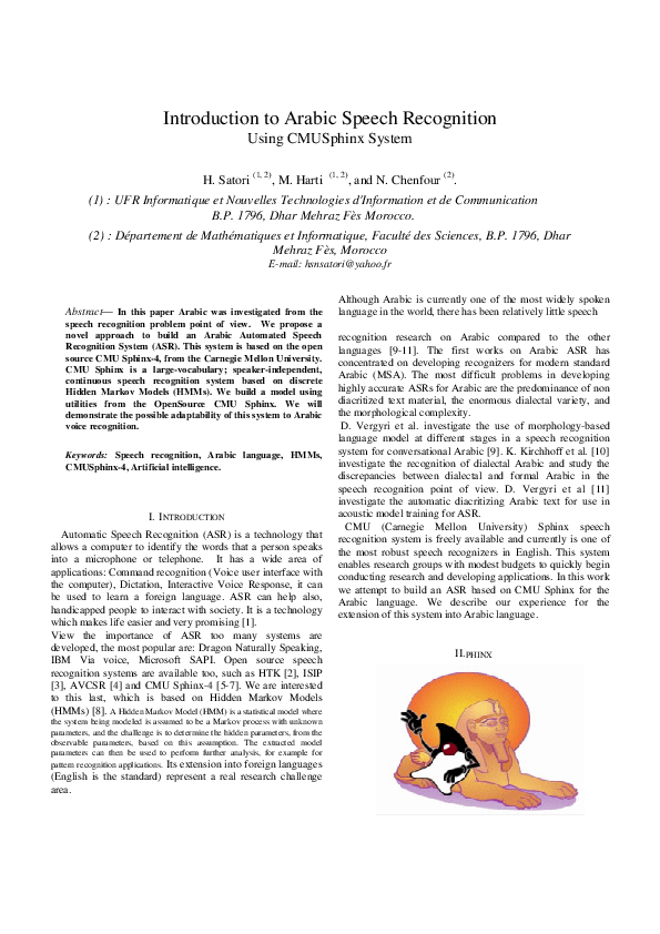 Pdf Introduction To Arabic Speech Recognition Using Cmusphinx System