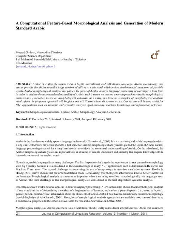 (PDF) A Computational Feature-Based Morphological Analysis and Generation of Modern Standard ...