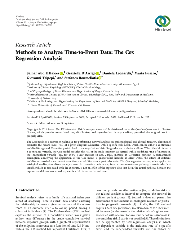 (PDF) Methods to Analyze Time-to-Event Data: The Cox Regression Analysis