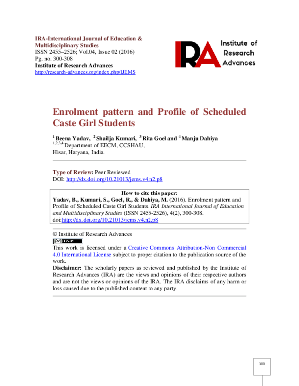 (PDF) Enrolment pattern and Profile of Scheduled Caste Girl Students