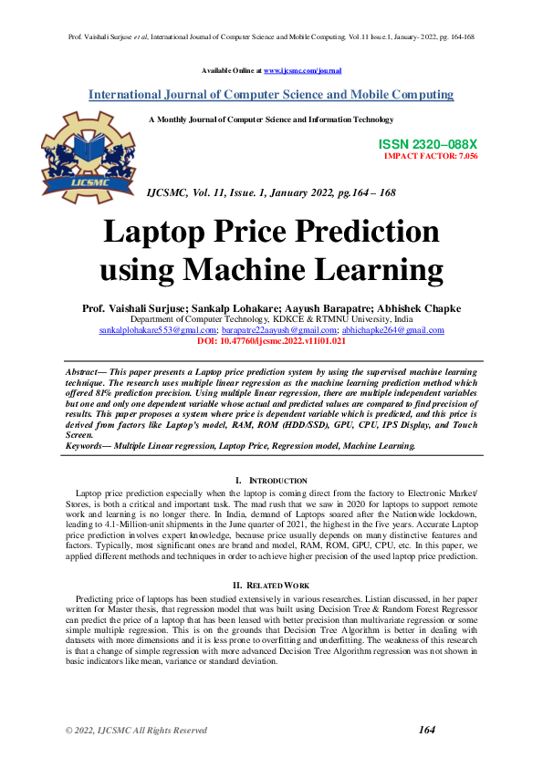 (PDF) Laptop Price Prediction using Machine Learning | IJCSMC Journal ...