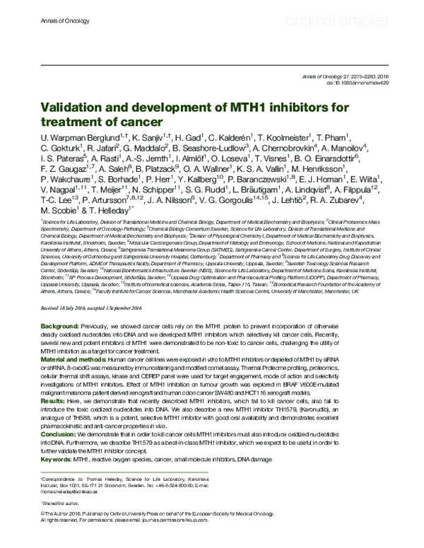 (PDF) Validation and development of MTH1 inhibitors for treatment of cancer