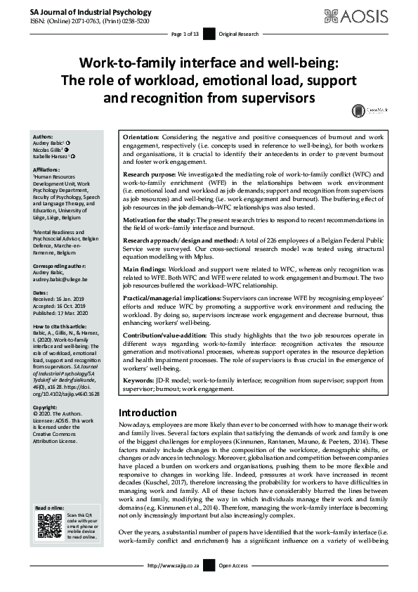 (PDF) Work-to-family interface and well-being: The role of workload ...