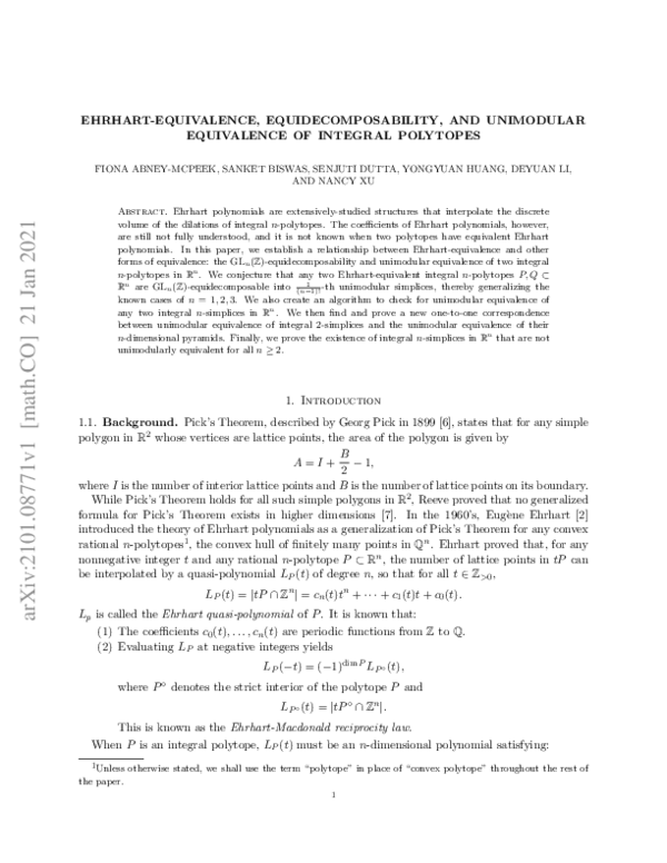 (PDF) Ehrhart-Equivalence, Equidecomposability, and Unimodular ...