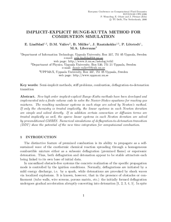(PDF) Implicit-explicit Runge-Kutta method for combustion simulation