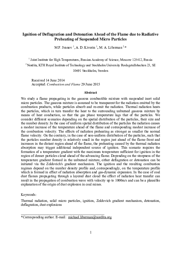 (PDF) Radiative Preheating-Induced Ignition in Suspended Particles