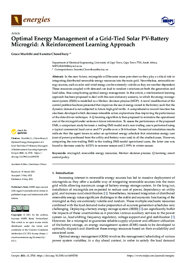 (PDF) Optimal Energy Management of a Grid-Tied Solar PV-Battery Microgrid: A Reinforcement ...
