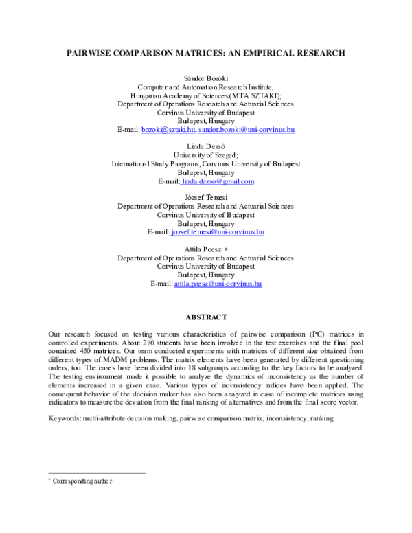 (PDF) Pairwise comparison matrices: an empirical research