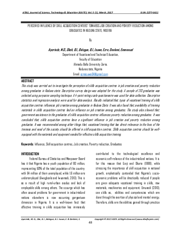 (PDF) Perceived Influence of Skill Acquisition Centers’ Towards Job ...