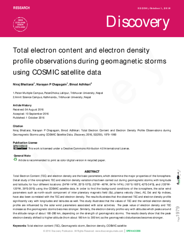 (PDF) Study of Total Electron Content-TEC and electron density profile during geomagnetic storms