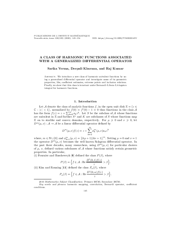 (PDF) A class of harmonic functions associated with a generalized differential operator