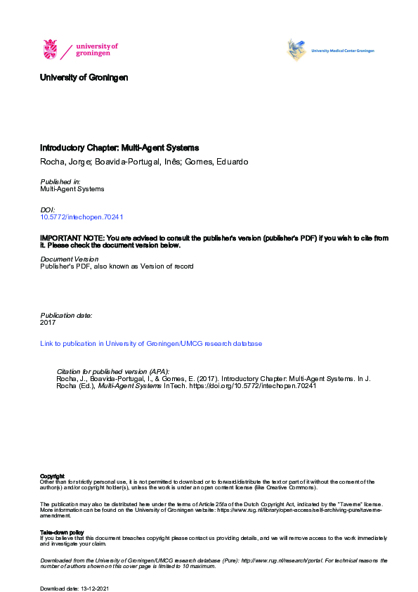 (PDF) Chapter 1 Introductory Chapter : Multi-Agent Systems