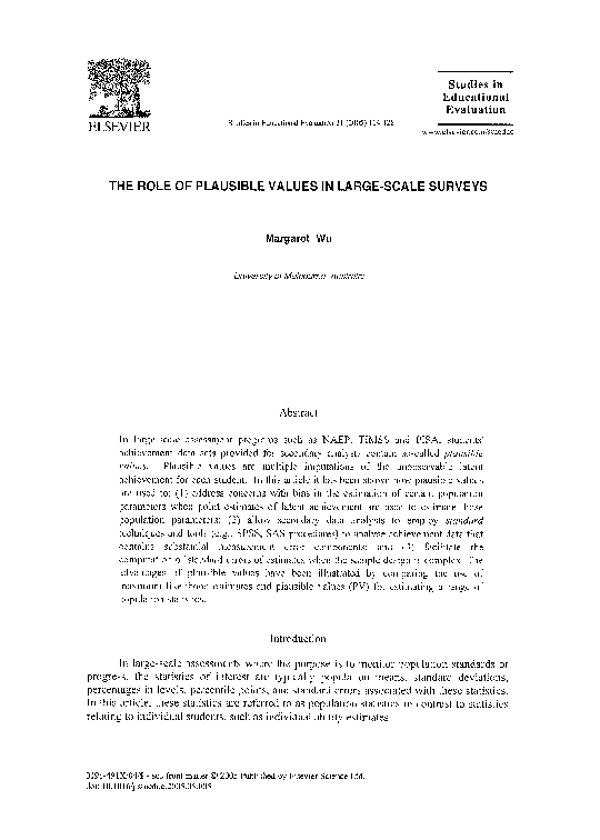 Pdf The Role Of Plausible Values In Large Scale Surveys