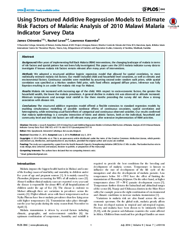 (PDF) Using Structured Additive Regression Models to Estimate Risk Factors of Malaria: Analysis ...