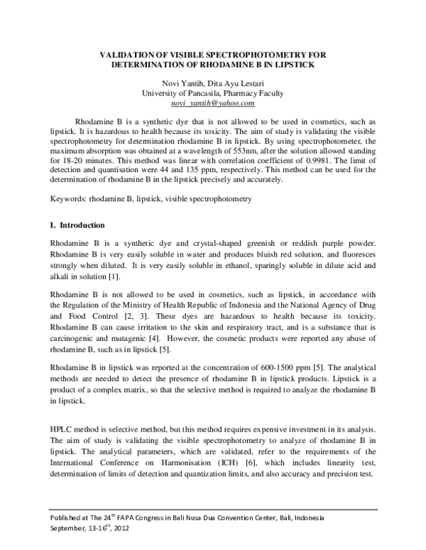 (PDF) Validation of Visible Spectrophotometry for Determination of Rhodamine B in Lipstick