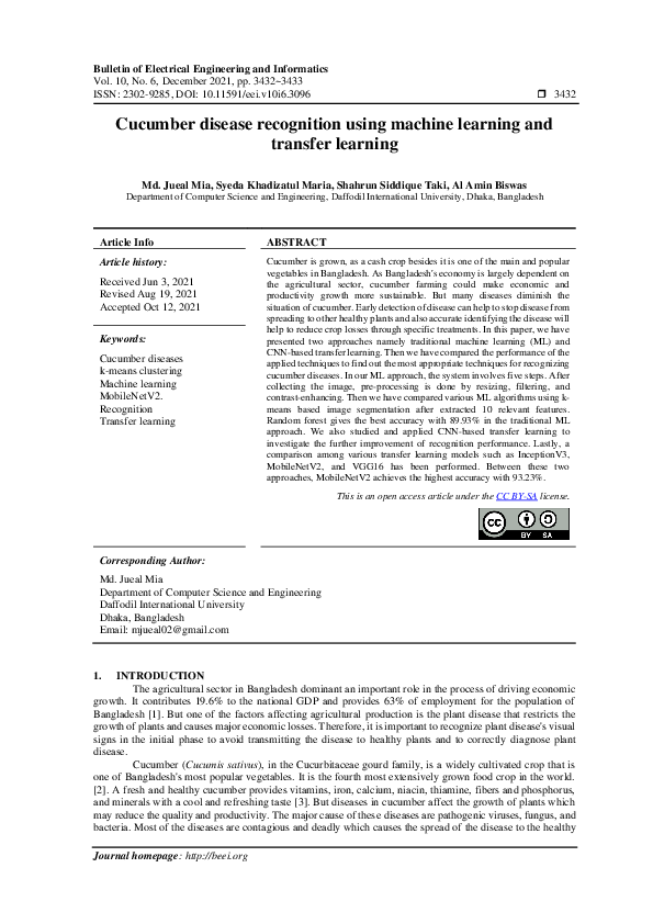Pdf Cucumber Disease Recognition Using Machine Learning And Transfer Learning Beei Iaes 