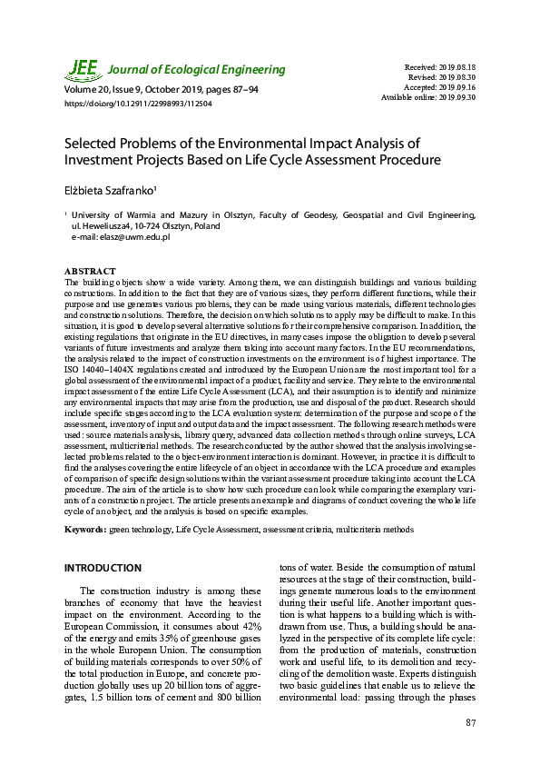 (PDF) Selected Problems of the Environmental Impact Analysis of ...