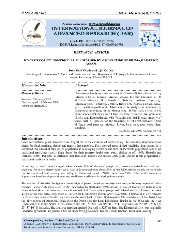 (PDF) Diversity of Ethnomedicinal Plants Used by Mising Tribe of Dhemaji District, Assam