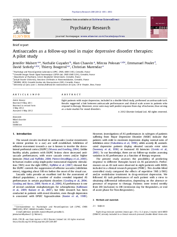 (PDF) Antisaccades as a follow-up tool in major depressive disorder therapies: A pilot study