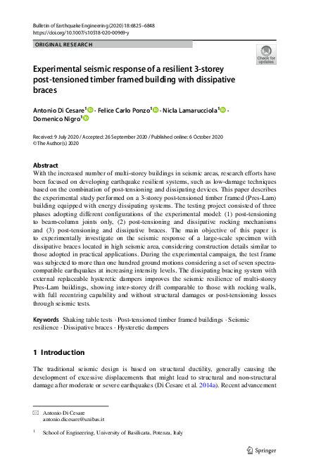 (PDF) Experimental seismic response of a resilient 3-storey post-tensioned timber framed ...