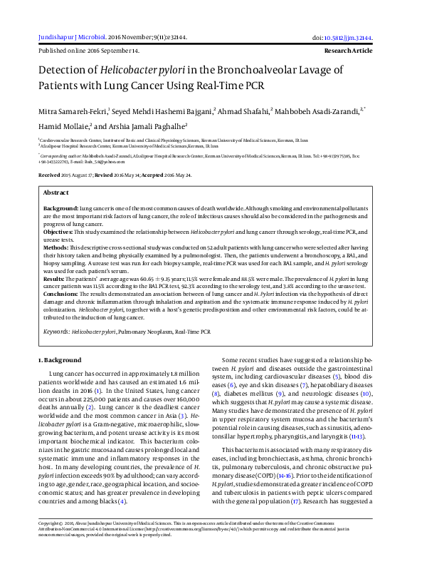(PDF) Detection of Helicobacter pylori in the Bronchoalveolar Lavage of ...