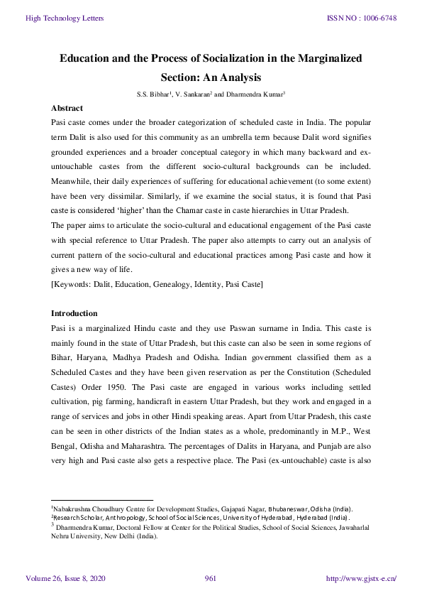 (PDF) Education and the Process of Socialization in the Marginalized ...