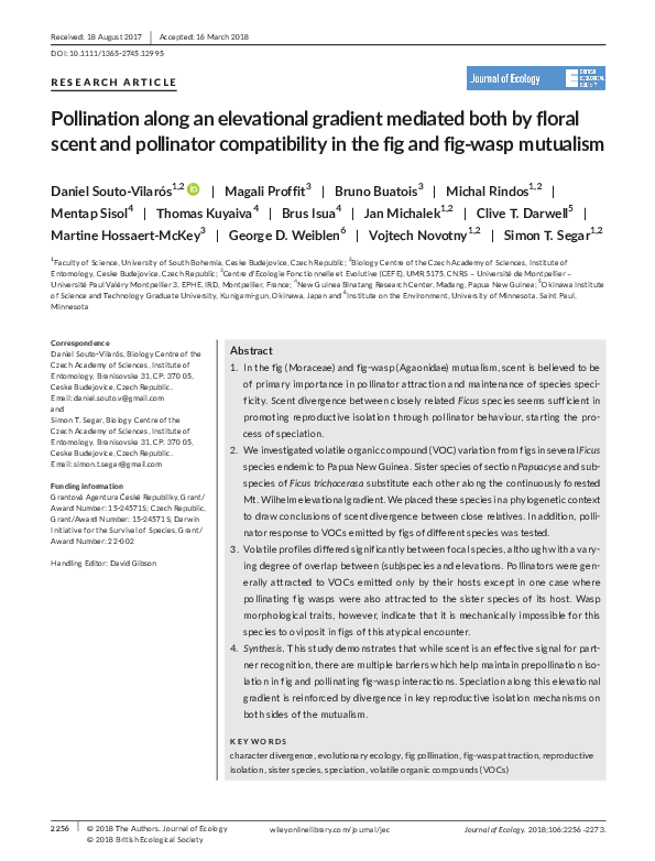 (PDF) Pollination along an elevational gradient mediated both by floral scent and pollinator ...