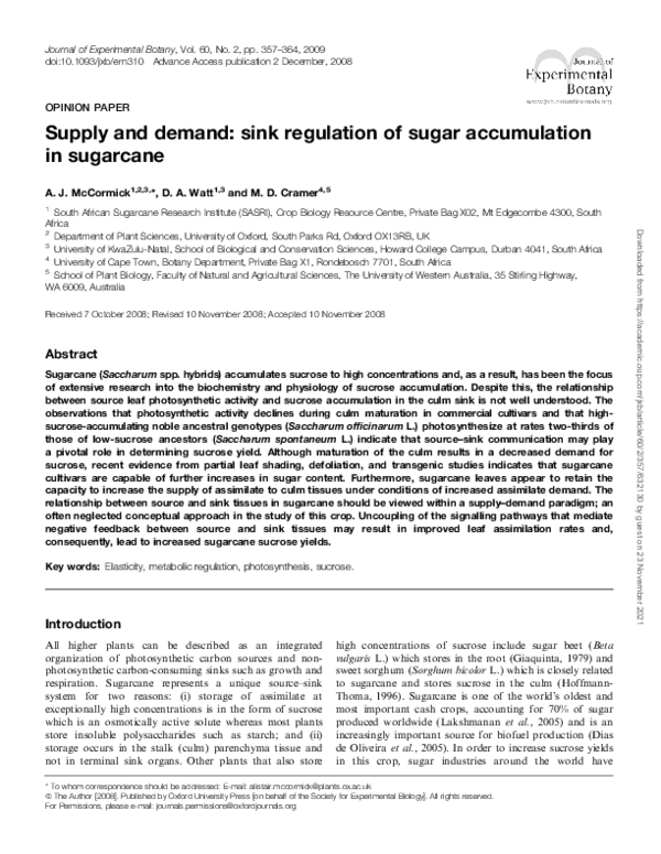 (PDF) Supply and demand: sink regulation of sugar accumulation in sugarcane