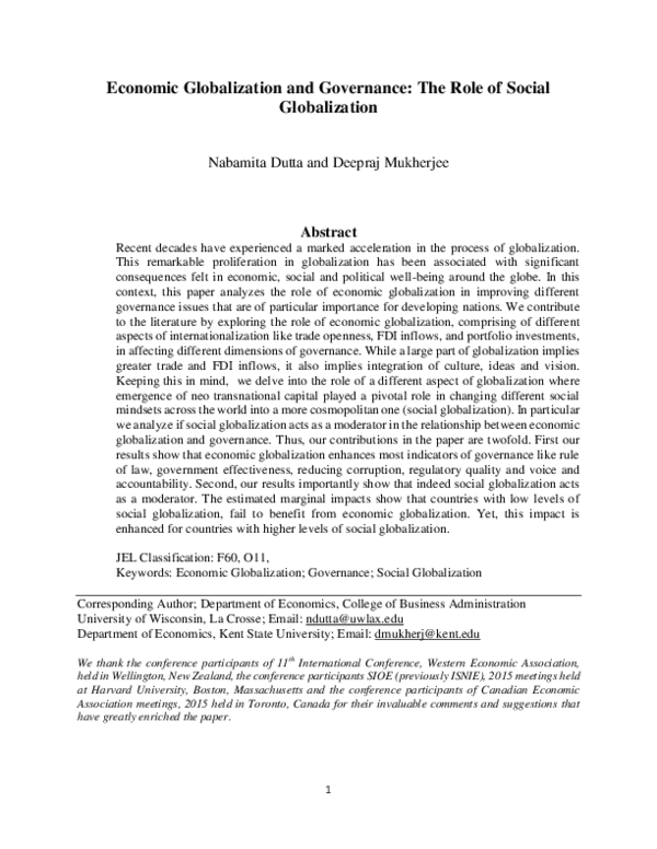 (PDF) Economic Globalization and Governance: The Role of Social ...