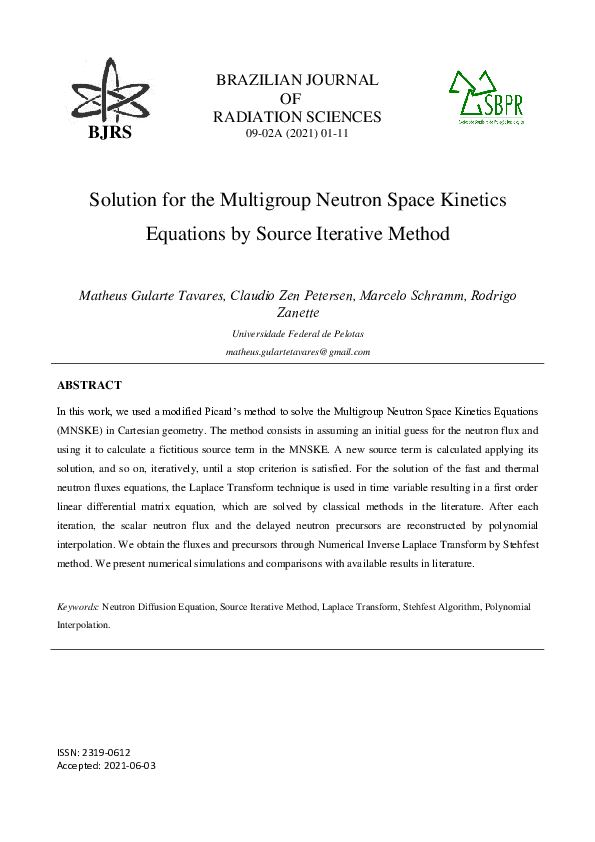 Pdf Solution For The Multigroup Neutron Space Kinetics Equations By Source Iterative Method