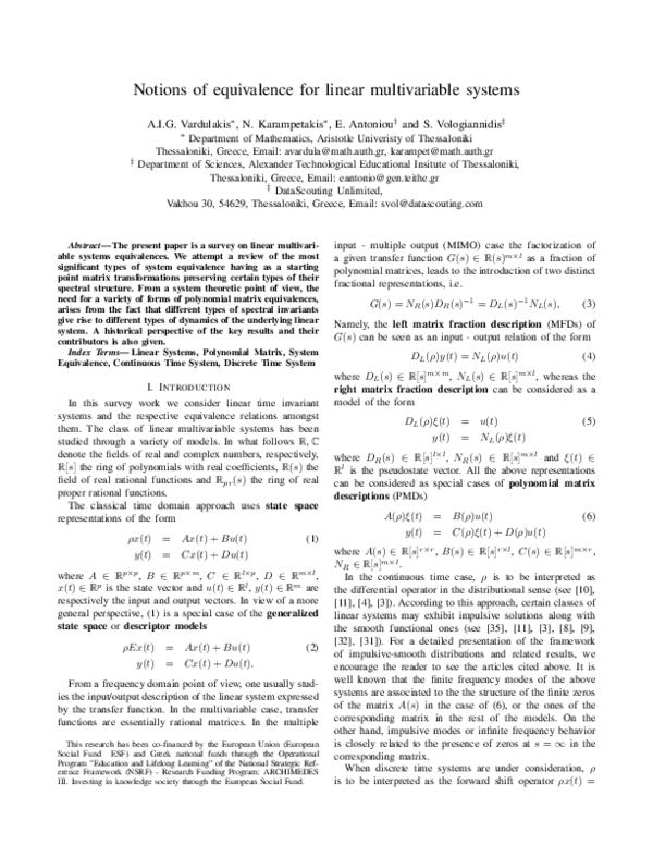 (PDF) Notions of equivalence for linear multivariable systems