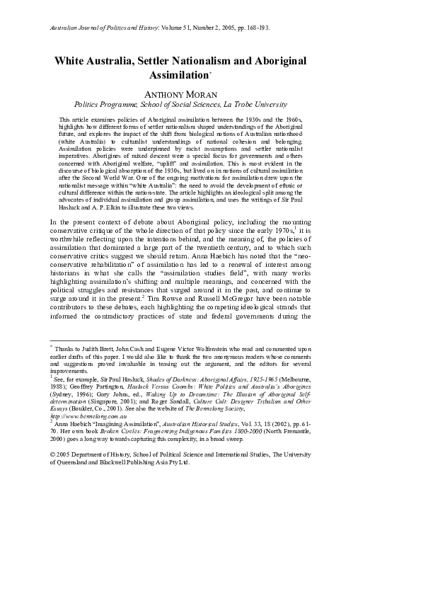 (PDF) White Australia, Settler Nationalism and Aboriginal Assimilation*