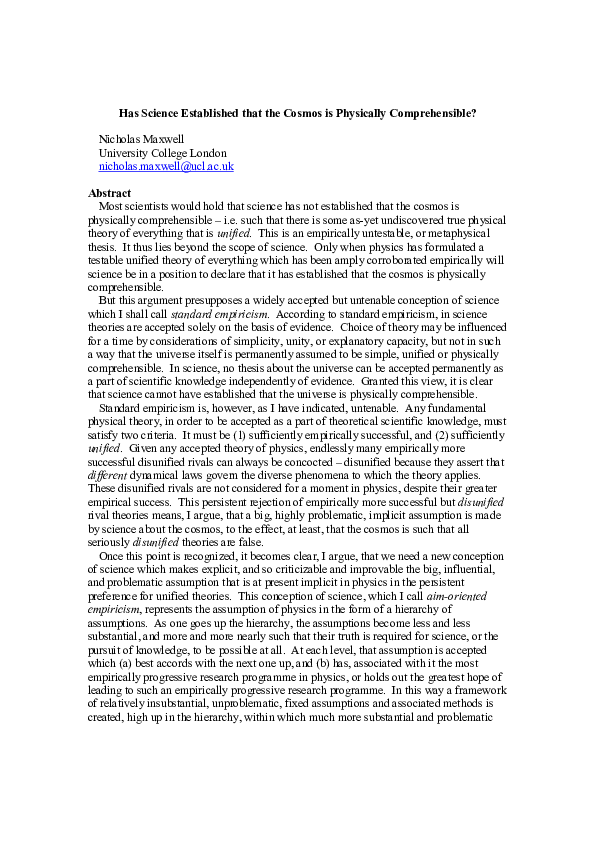 (PDF) Has Science Established that the Cosmos is Physically ...
