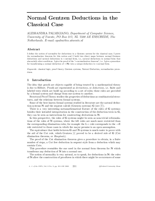 (PDF) Normal Gentzen Deductions in the Classical Case