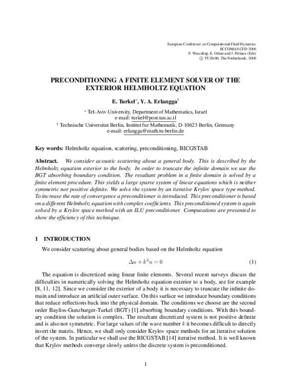 Pdf Preconditioning A Finite Element Solver Of The Exterior Helmholtz Equation Eli Turkel