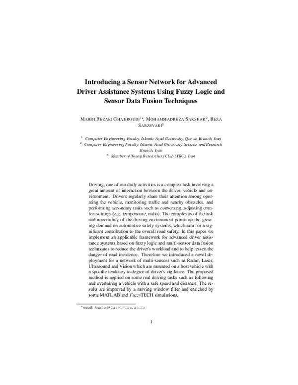 (PDF) Introducing a Sensor Network for Advanced Driver Assistance Systems Using Fuzzy Logic and ...
