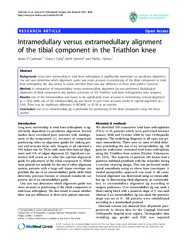 (PDF) Intramedullary versus extramedullary alignment of the tibial component in the Triathlon knee