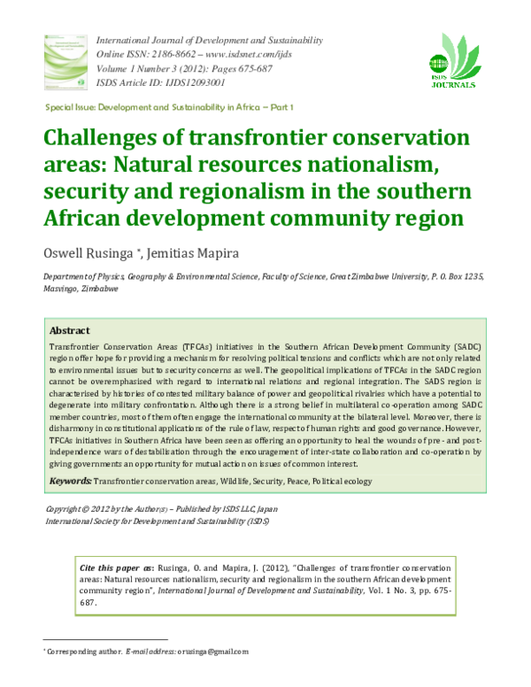 (PDF) Challenges of transfrontier conservation areas : Natural ...
