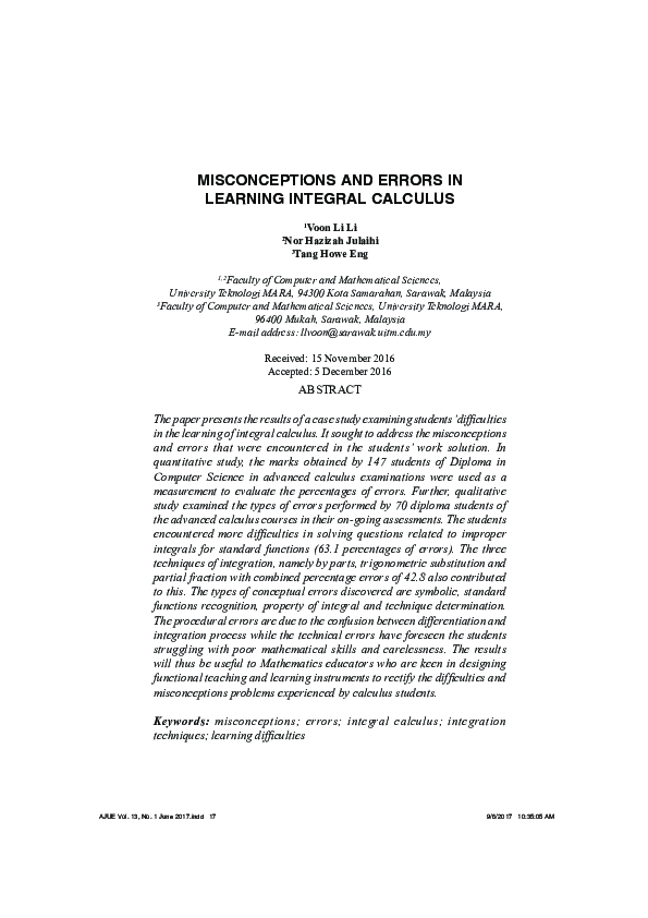 (PDF) Misconceptions and Errors in Learning Integral Calculus