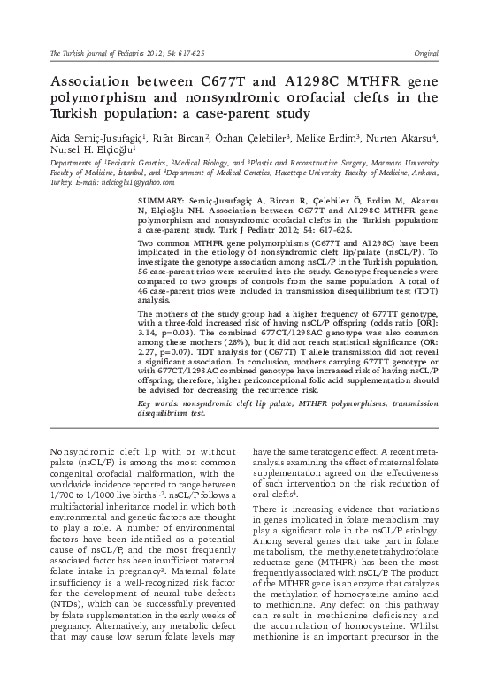 (PDF) MTHFR Polymorphisms and Nonsyndromic Clefts in Turkey